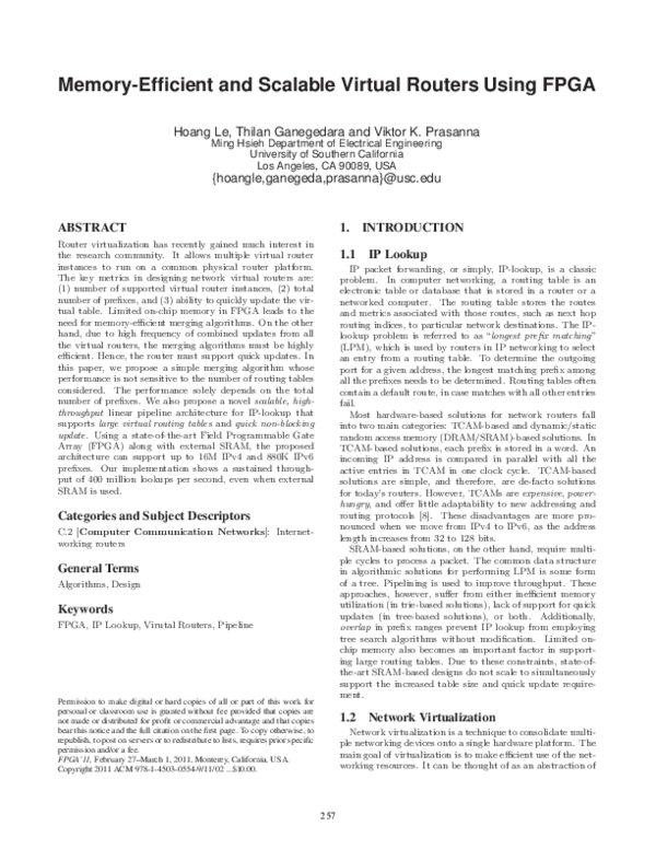 Memory Efficient And Scalable Virtual Routers Using Fpga