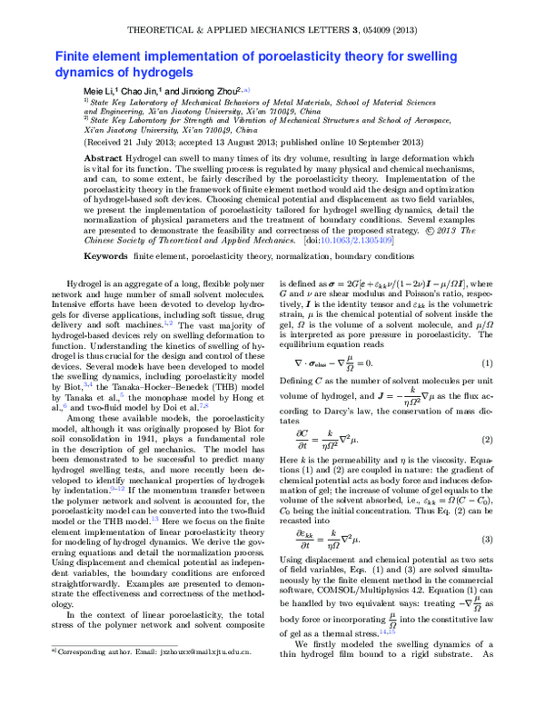 (PDF) Finite element implementation of poroelasticity theory for swelling dynamics of hydrogels