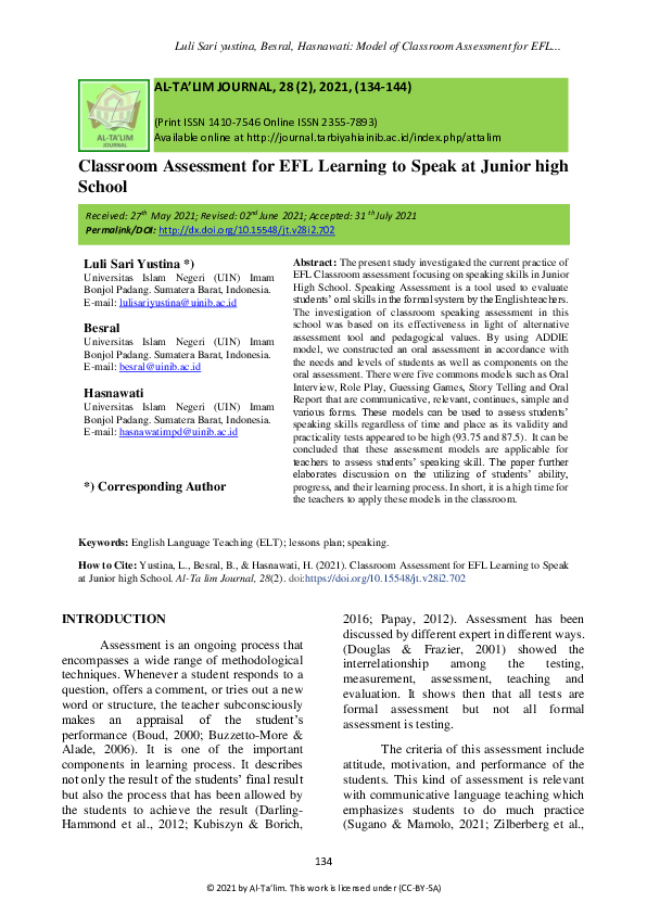 (PDF) Classroom Assessment for EFL Learning to Speak at Junior high School