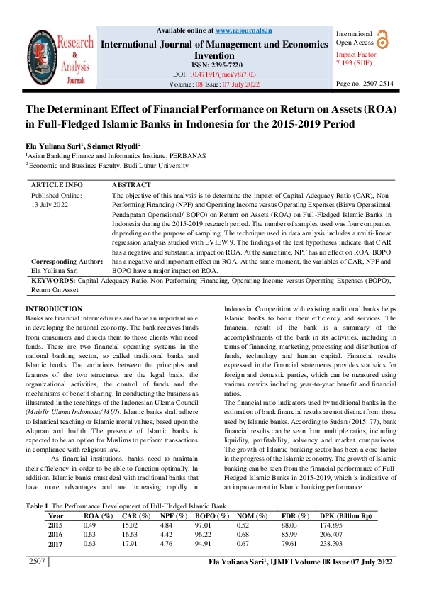 (PDF) The Determinant Effect Of Financial Performance On Return On Assets (ROA) In Full-Fledged ...