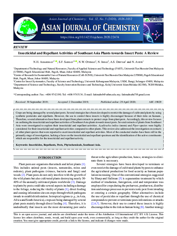 Pdf Insecticidal And Repellant Activities Of Southeast Asia Plants Towards Insect Pests A Review