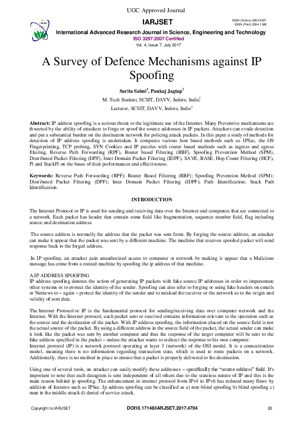 (PDF) A Survey of Defence Mechanisms against IP Spoofing