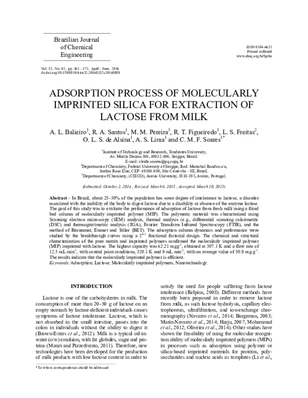 Pdf Molecularly Imprinted Silica For Lactose Removal