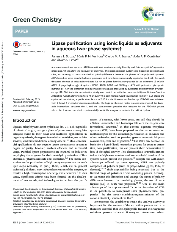 (PDF) Lipase purification using ionic liquids as adjuvants in aqueous ...