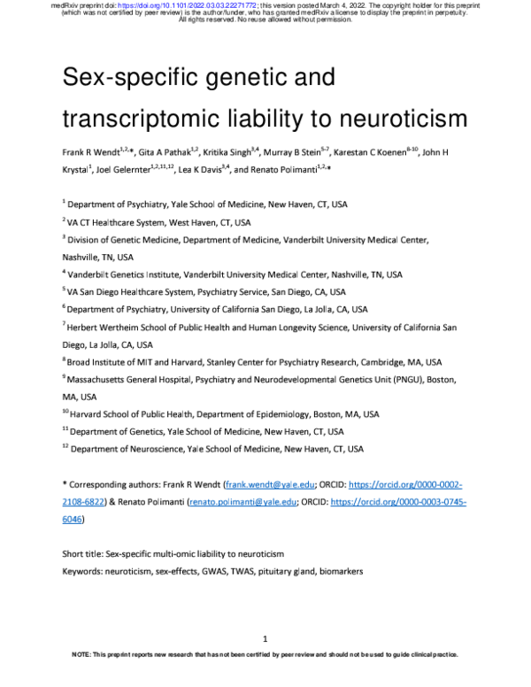 Pdf Sex Specific Genetic And Transcriptomic Liability To Neuroticism