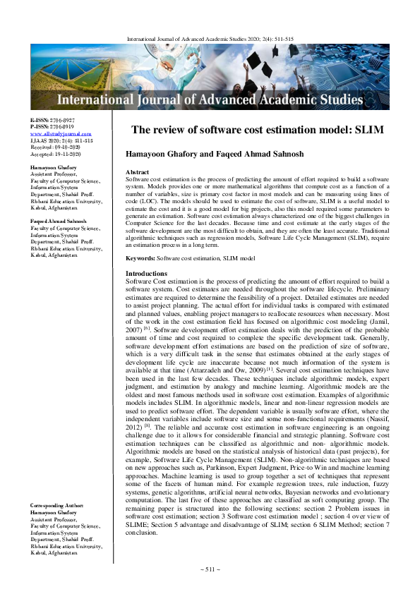 Pdf The Review Of Software Cost Estimation Model Slim
