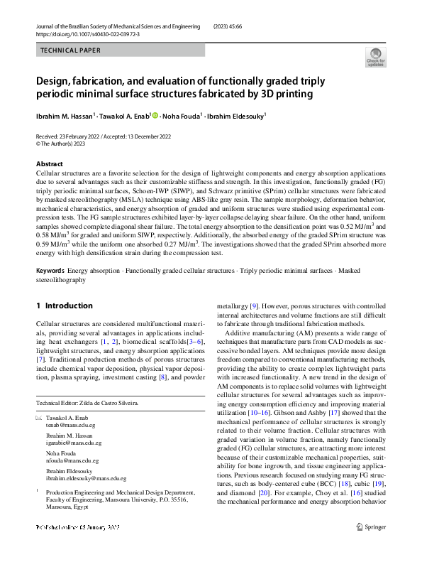 (PDF) Design, fabrication, and evaluation of functionally graded triply periodic minimal surface ...