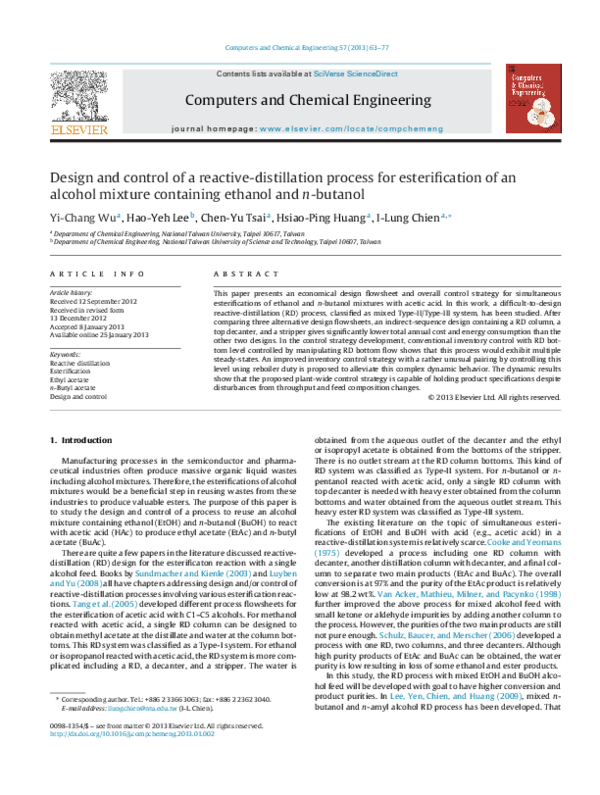 (PDF) Design and control of a reactive-distillation process for esterification of an alcohol ...