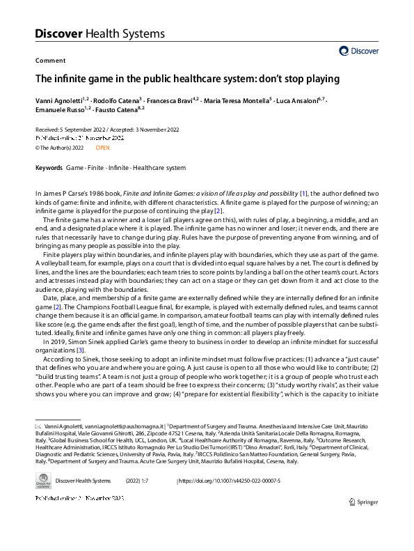 (PDF) The infinite game in the public healthcare system: don’t stop playing