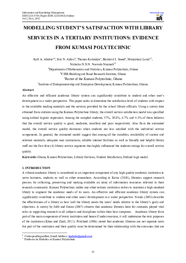 (PDF) Modelling Student’s Satisfaction with Library Services in a Tertiary Institutions ...