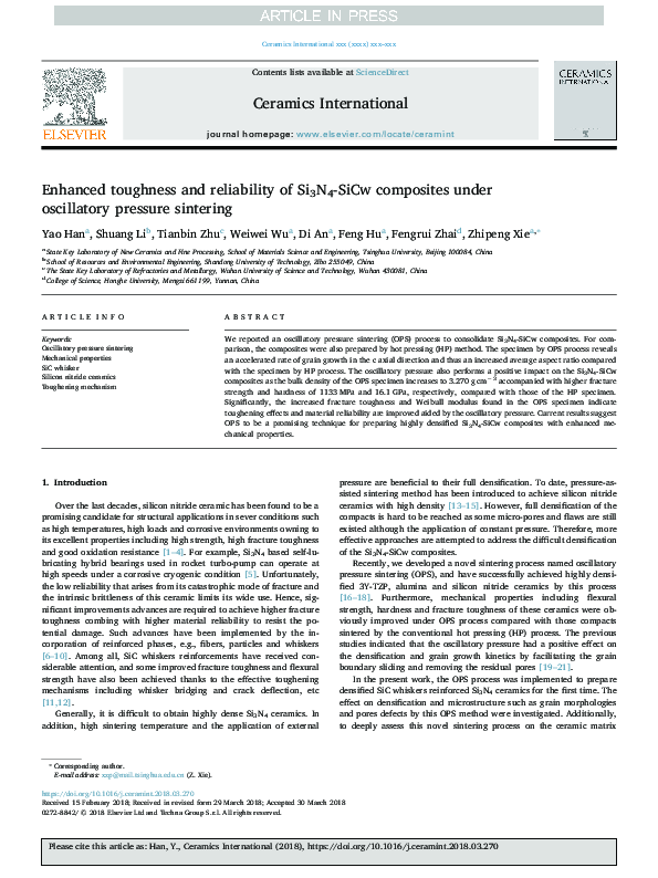 (PDF) Enhanced toughness and reliability of Si3N4-SiCw composites under ...