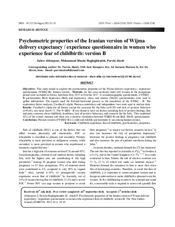 (PDF) Psychometric properties of the Iranian version of Wijma delivery expectancy / experience ...