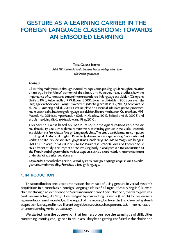Pdf Gesture As A Learning Carrier In The Foreign Language Classroom Towards An Embodied
