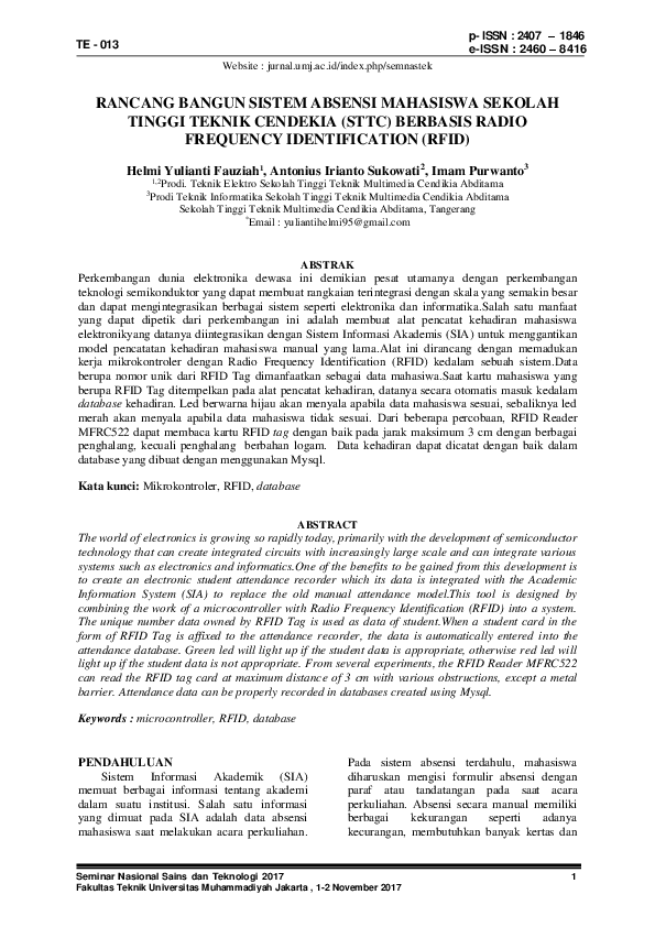 (PDF) Rancang Bangun Sistem Absensi Mahasiswa Sekolah Tinggi Teknik Cendekia (STTC) Berbasis ...