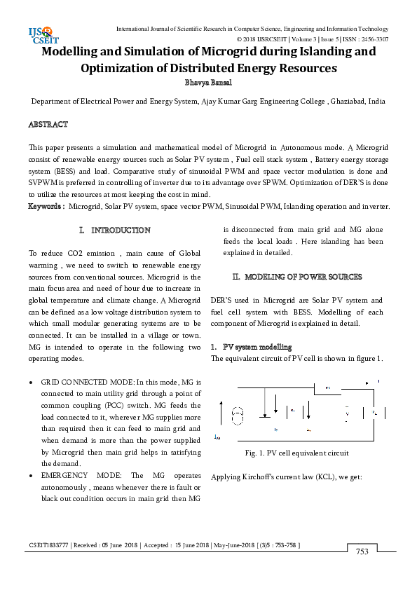 (PDF) Modelling and Simulation of Microgrid during Islanding and Optimization of Distributed ...