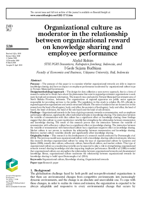 (PDF) Organizational culture as moderator in the relationship between organizational reward on ...