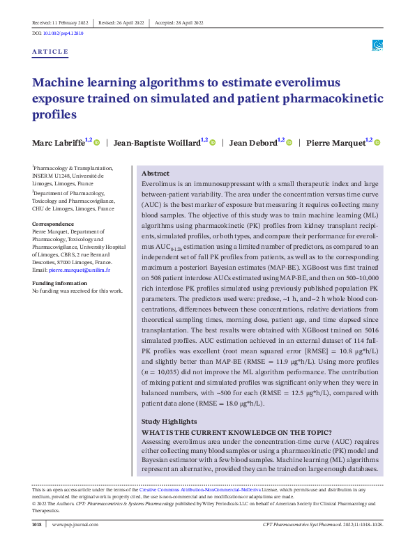 (PDF) Machine learning algorithms to estimate everolimus exposure trained on simulated and ...