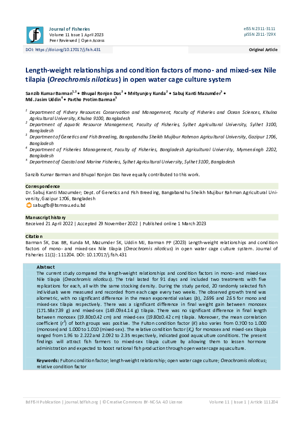 (PDF) Length-weight relationships and condition factors of mono-and ...