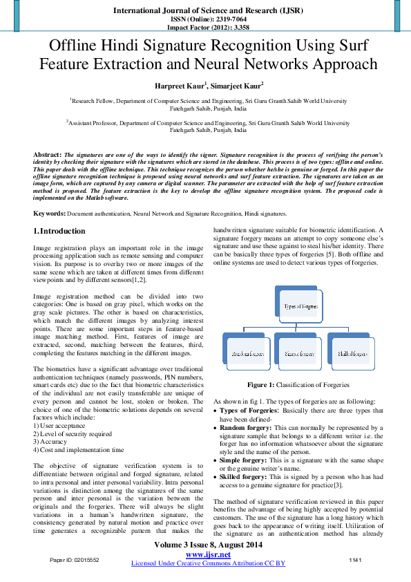 Pdf Offline Hindi Signature Recognition Using Surf Feature Extraction And Neural Networks Approach