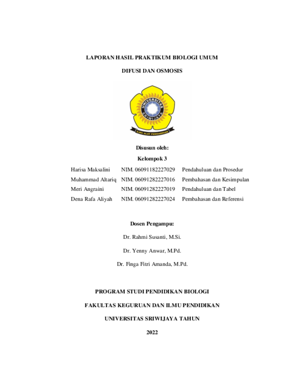 (PDF) LAPORAN HASIL PRAKTIKUM BIOLOGI UMUM DIFUSI DAN OSMOSIS