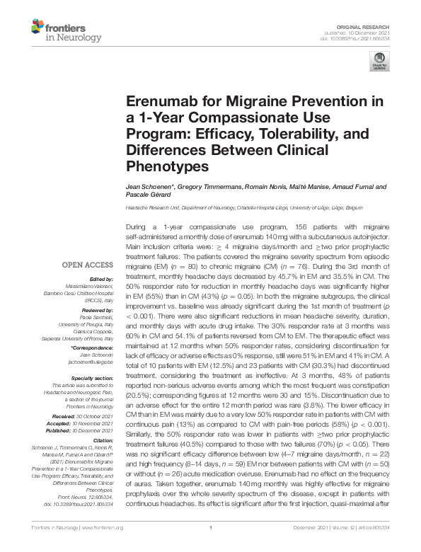 (PDF) Erenumab for Migraine Prevention in a 1-Year Compassionate Use ...