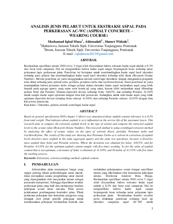 (PDF) Analisis Jenis Pelarut Untuk Ekstraksi Aspal Pada Perkerasan Ac ...
