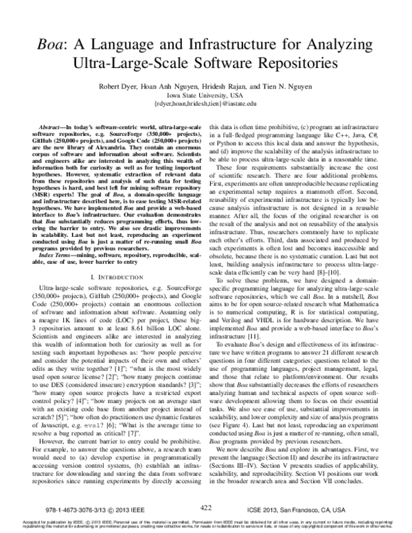 (PDF) Boa: A language and infrastructure for analyzing ultra-large ...