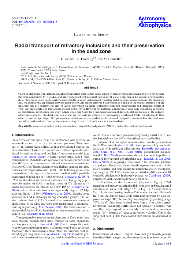 (PDF) Radial transport of refractory inclusions and their preservation ...