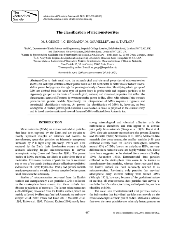 (PDF) The classification of micrometeorites