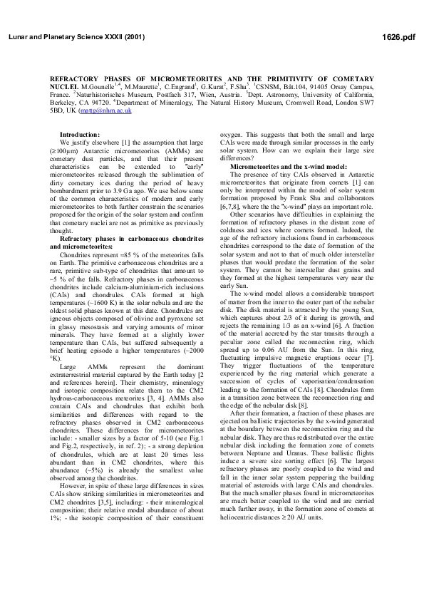 (PDF) Refractory Phases of Micrometeorites and the ``Primitivity'' of ...