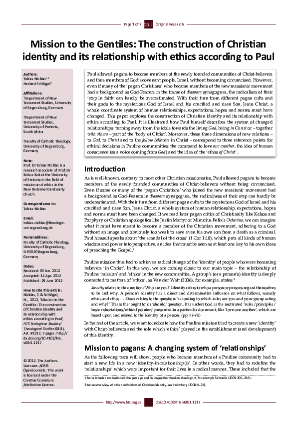 (PDF) Mission to the Gentiles: The construction of Christian identity ...