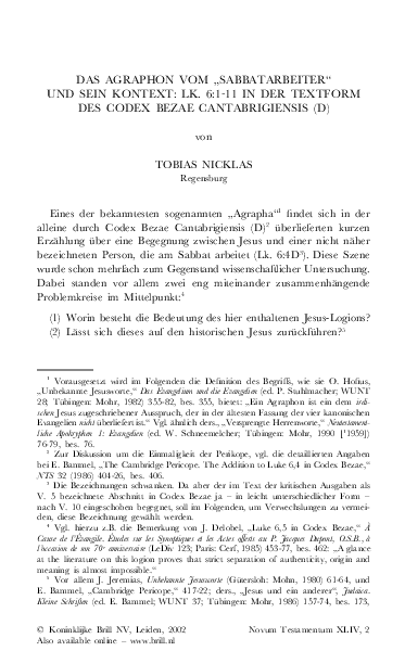 (PDF) Das Agraphon Vom „Sabbatarbeiter“ Und Sein Kontext: Lk. 6:1-11 in ...