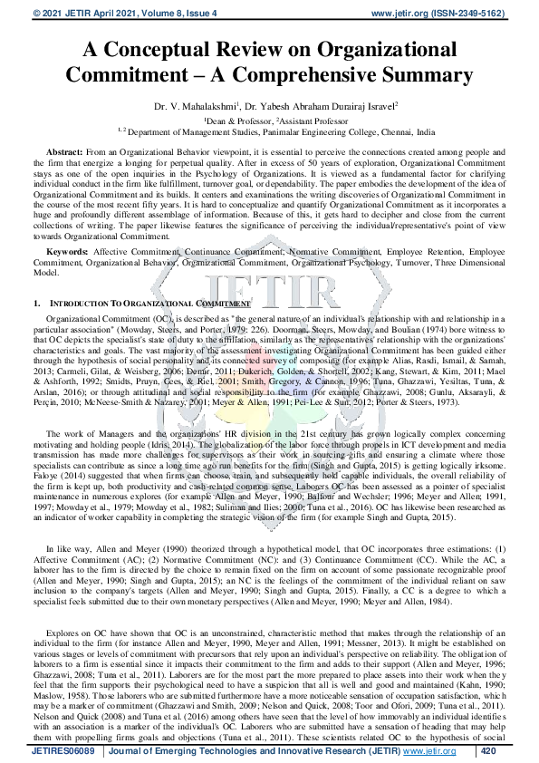 (PDF) A Conceptual Review on Organizational Commitment – A ...