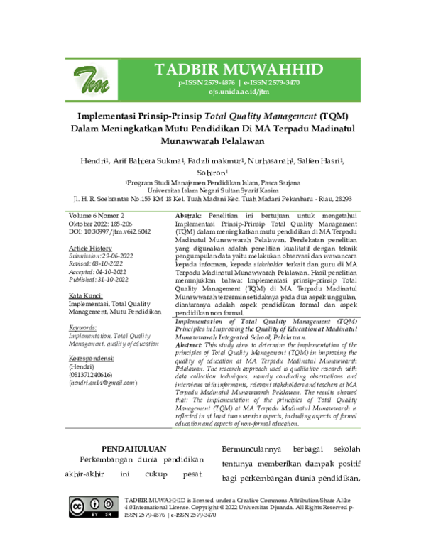(PDF) Implementasi Prinsip-Prinsip Total Quality Management (TQM) Dalam Meningkatkan Mutu ...