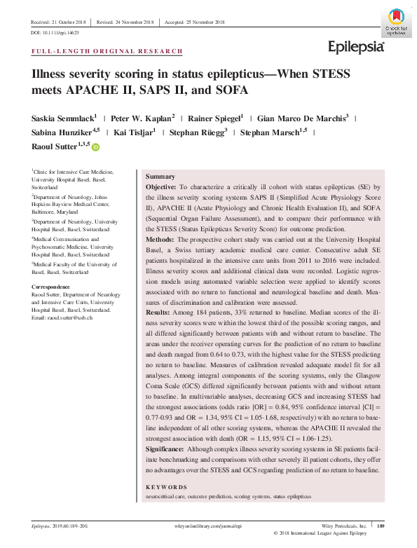(PDF) Illness severity scoring in status epilepticus—When STESS meets ...