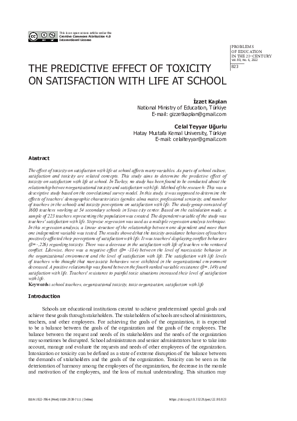 (PDF) The Predictive Effect of Toxicity on Satisfaction with Life at School