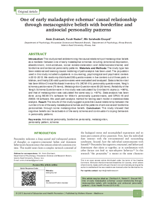 (PDF) One of early maladaptive schemas′ causal relationship through ...