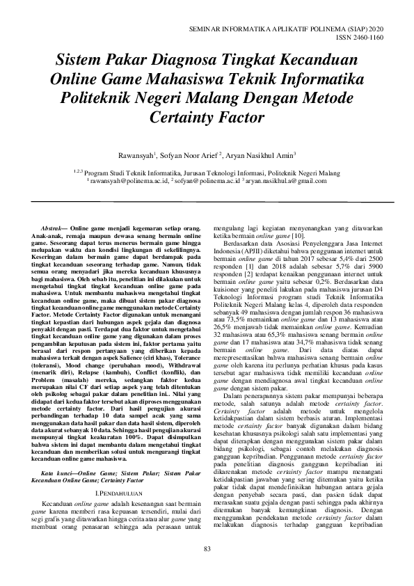 (PDF) Sistem Pakar Diagnosa Tingkat Kecanduan Online Game Mahasiswa Teknik Informatika ...