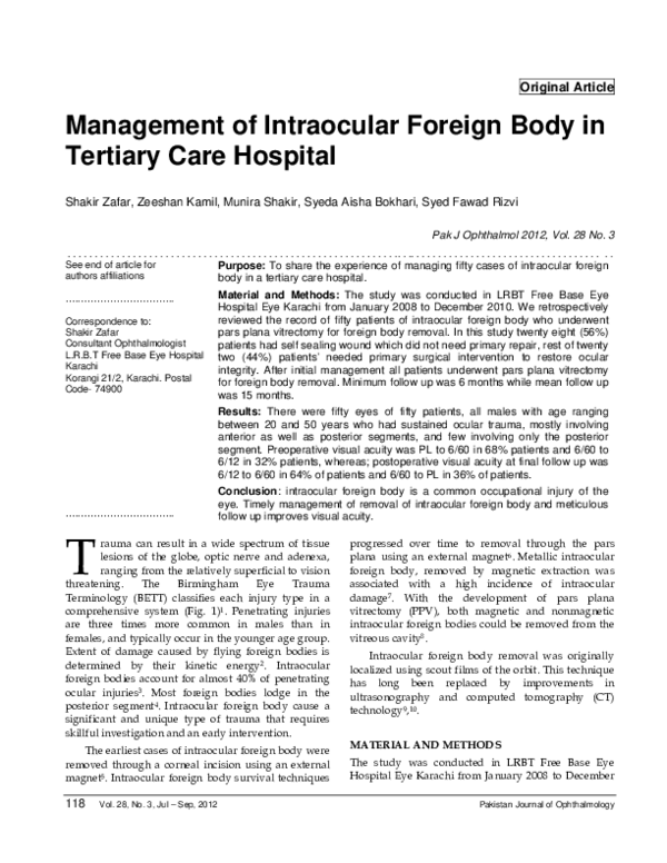 (PDF) Management of Intraocular Foreign Body in Tertiary Care Hospital