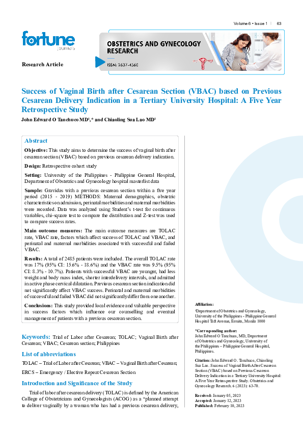(PDF) Success of Vaginal Birth after Cesarean Section (VBAC) based on Previous Cesarean Delivery ...