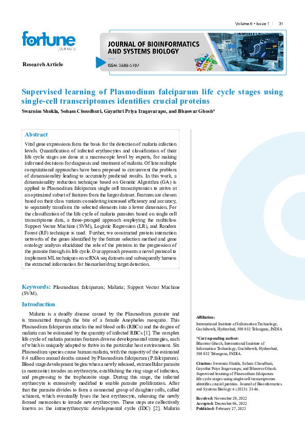 Pdf Supervised Learning Of Plasmodium Falciparum Life Cycle Stages 0719