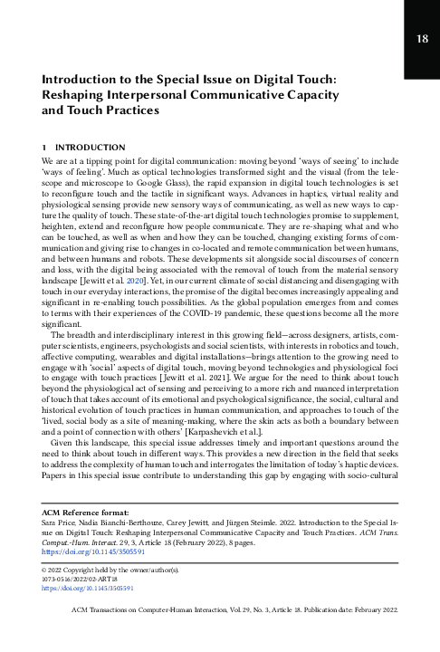 (PDF) Introduction to the Special Issue on Digital Touch: Reshaping ...