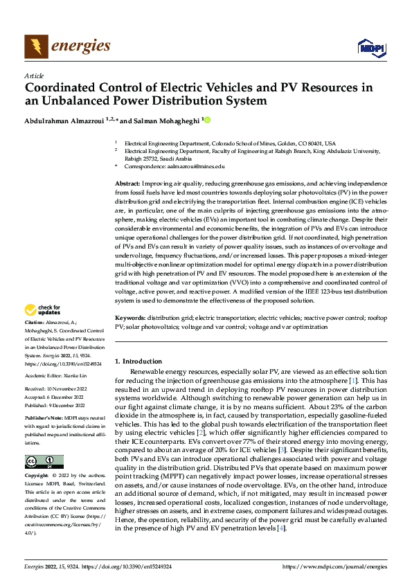 (PDF) Coordinated Control of Electric Vehicles and PV Resources in an Unbalanced Power ...