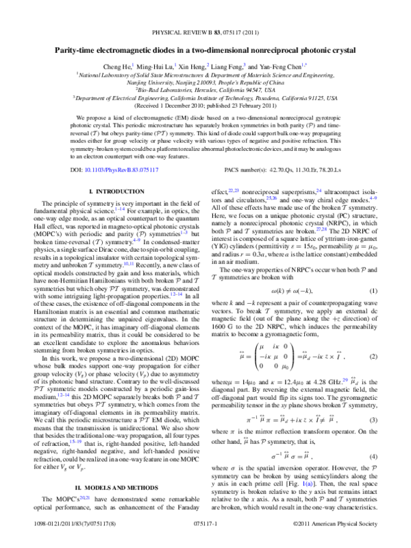 (PDF) Parity-time electromagnetic diodes in a two-dimensional nonreciprocal photonic crystal