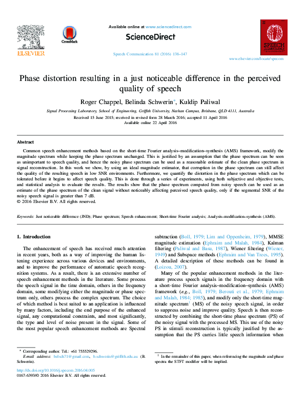 (PDF) Phase distortion resulting in a just noticeable difference in the perceived quality of speech