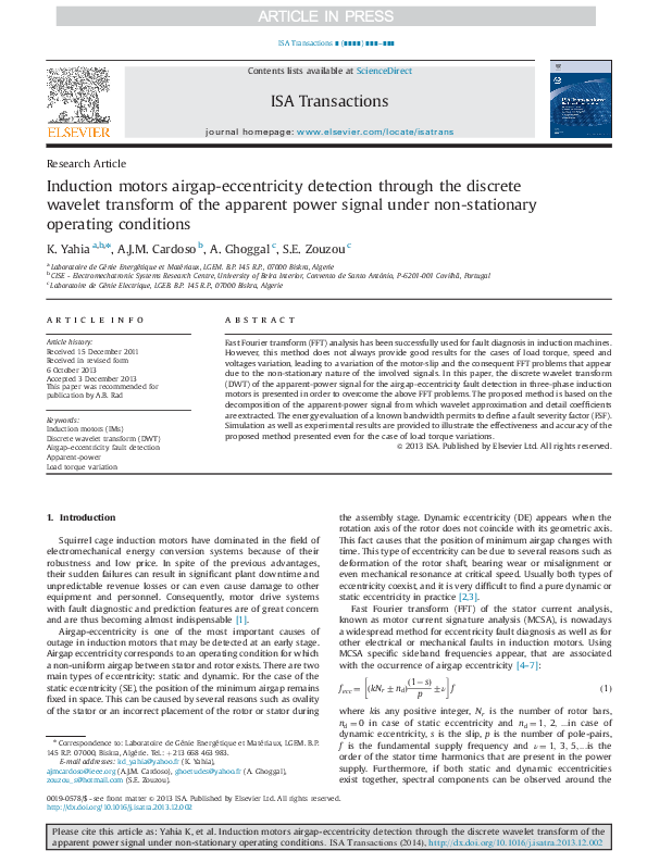 Pdf Induction Motors Airgap Eccentricity Detection Through The Discrete Wavelet Transform Of 