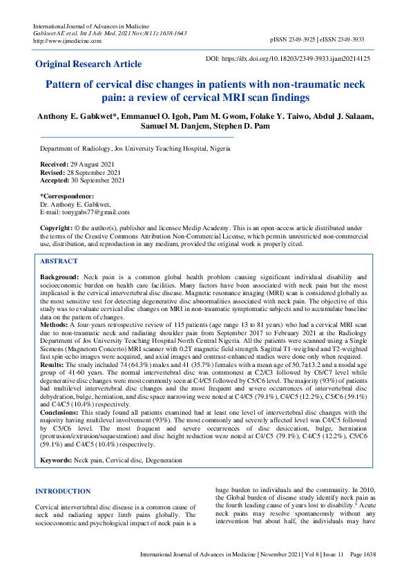 (PDF) Pattern of cervical disc changes in patients with non-traumatic ...