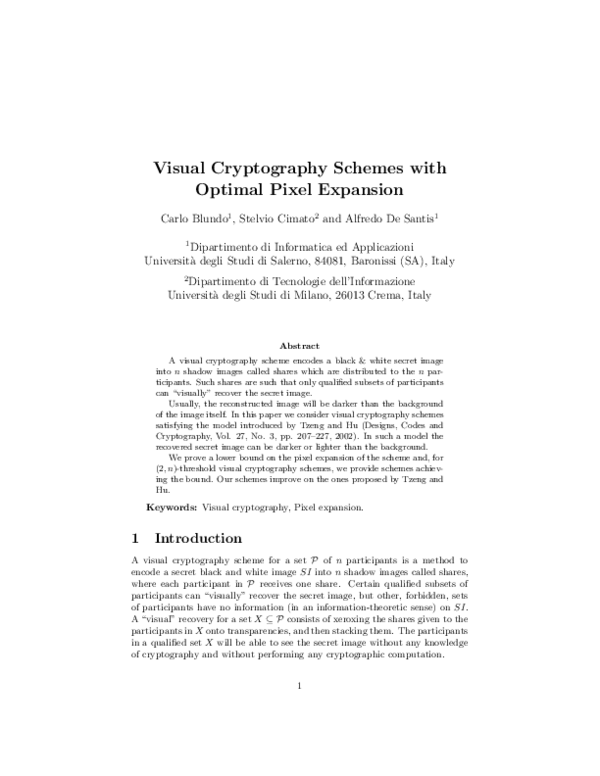 (PDF) Visual cryptography schemes with optimal pixel expansion