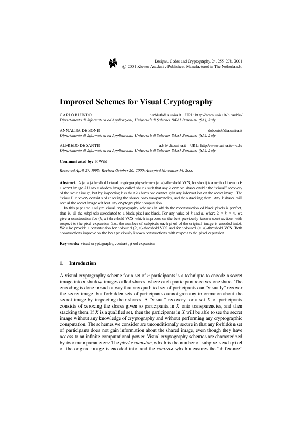 Pdf Improved Schemes For Visual Cryptography