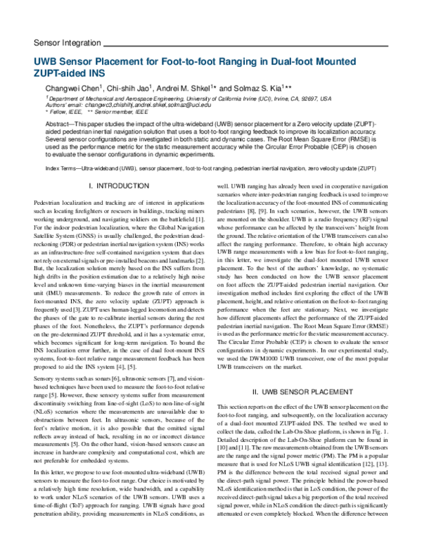 (PDF) UWB Sensor Placement for Foot-to-Foot Ranging in Dual-Foot-Mounted ZUPT-Aided INS | Chi ...